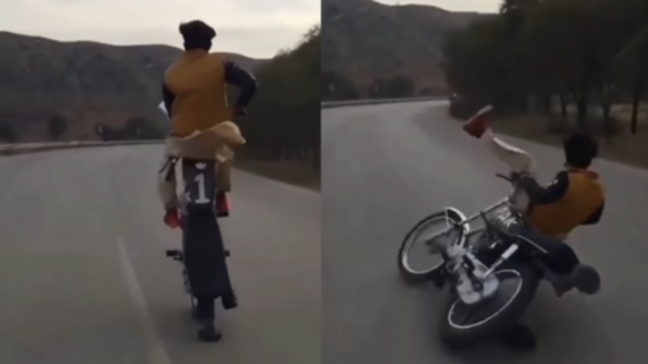 Bike Stunt Video: బైక్ సింగిల్ టైర్ పై డ్రైవ్ చేసి స్టంట్ చేస్తూ రోడ్డుమీద పడిన యువకుడు ...